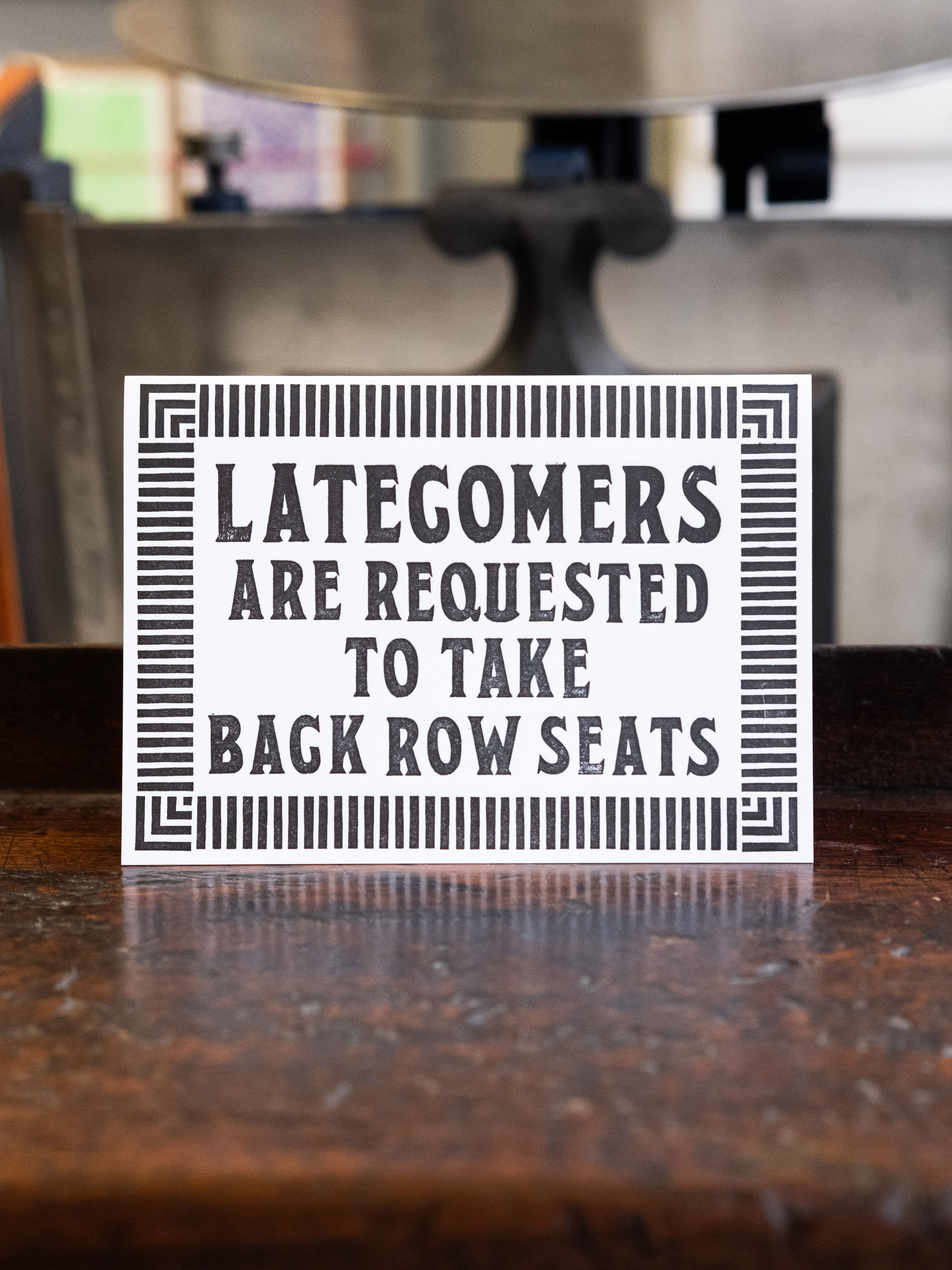 Latecomers Are Requested To Take Back Row Seats Card - Retail Revealed