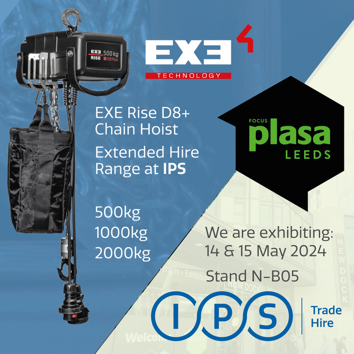 IPS Showcase EXE Rise D8+ Chain Hoists on Stand N-B05 - PLASA Focus Leeds